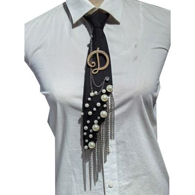 China Wholesale Letter D Pearl Brooch Necktie Handmade Faux Pearl Alphabet Pin with Iron Chain Tassel Decorative Polyester Tie for Women (Black) for sale
