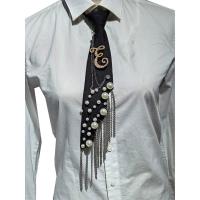 China Wholesale Letter E Pearl Brooch Necktie Handmade Faux Pearl Alphabet Pin with Iron Chain Tassel Decorative Polyester Tie for Women (Black) for sale