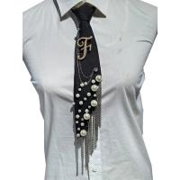 China Wholesale Letter F Pearl Brooch Necktie Handmade Faux Pearl Alphabet Pin with Iron Chain Tassel Decorative Polyester Tie for Women (Black) for sale
