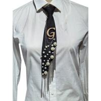 China Wholesale Letter G Pearl Brooch Necktie Handmade Faux Pearl Alphabet Pin with Iron Chain Tassel Decorative Polyester Tie for Women (Black) for sale