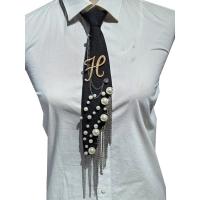 China Wholesale Letter H Pearl Brooch Necktie Handmade Faux Pearl Alphabet Pin with Iron Chain Tassel Decorative Polyester Tie for Women (Black) for sale