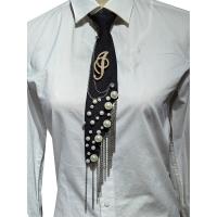 China Wholesale Letter I Pearl Brooch Necktie Handmade Faux Pearl Alphabet Pin with Iron Chain Tassel Decorative Polyester Tie for Women (Black) for sale