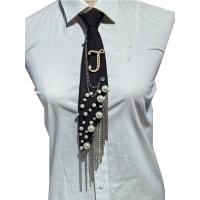China Wholesale Letter J Pearl Brooch Necktie Handmade Faux Pearl Alphabet Pin with Iron Chain Tassel Decorative Polyester Tie for Women (Black) for sale