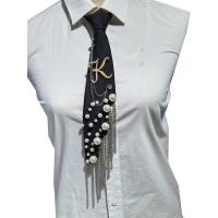 China Wholesale Letter K Pearl Brooch Necktie Handmade Faux Pearl Alphabet Pin with Iron Chain Tassel Decorative Polyester Tie for Women (Black) for sale