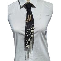 China Wholesale Letter M Pearl Brooch Necktie Handmade Faux Pearl Alphabet Pin with Iron Chain Tassel Decorative Polyester Tie for Women (Black) for sale