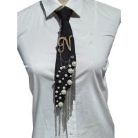 China Wholesale Letter N Pearl Brooch Necktie Handmade Faux Pearl Alphabet Pin with Iron Chain Tassel Decorative Polyester Tie for Women (Black) for sale