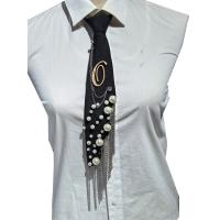 China Wholesale Letter O Pearl Brooch Necktie Handmade Faux Pearl Alphabet Pin with Iron Chain Tassel Decorative Polyester Tie for Women (Black) for sale