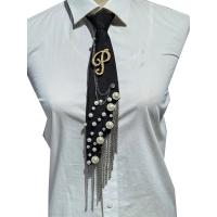 China Wholesale Letter P Pearl Brooch Necktie Handmade Faux Pearl Alphabet Pin with Iron Chain Tassel Decorative Polyester Tie for Women (Black) for sale