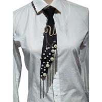 China Wholesale Letter U Pearl Brooch Necktie Handmade Faux Pearl Alphabet Pin with Iron Chain Tassel Decorative Polyester Tie for Women (Black) for sale