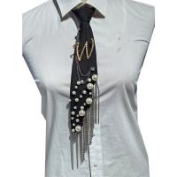 China Wholesale Letter W Pearl Brooch Necktie Handmade Faux Pearl Alphabet Pin with Iron Chain Tassel Decorative Polyester Tie for Women (Black) for sale