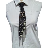 China Wholesale Letter X Pearl Brooch Necktie Handmade Faux Pearl Alphabet Pin with Iron Chain Tassel Decorative Polyester Tie for Women (Black) for sale