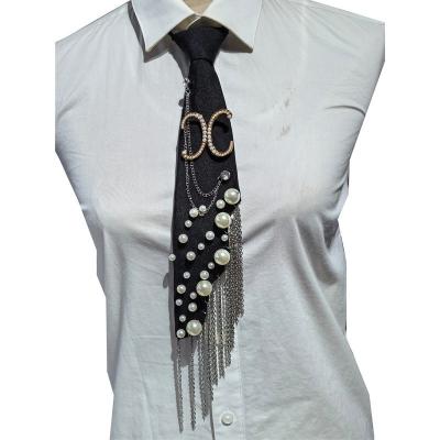 China Wholesale Letter X Pearl Brooch Necktie Handmade Faux Pearl Alphabet Pin with Iron Chain Tassel Decorative Polyester Tie for Women (Black) for sale