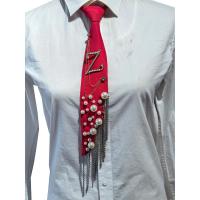 China Wholesale Letter Z Pearl Brooch Necktie Handmade Faux Pearl Alphabet Pin with Iron Chain Tassel Decorative Polyester Tie for Women (Red) for sale