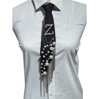 China Wholesale Letter Z Pearl Brooch Necktie Handmade Faux Pearl Alphabet Pin with Iron Chain Tassel Decorative Polyester Tie for Women (Black) for sale