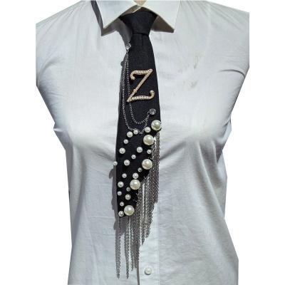 China Wholesale Letter Z Pearl Brooch Necktie Handmade Faux Pearl Alphabet Pin with Iron Chain Tassel Decorative Polyester Tie for Women (Black) for sale