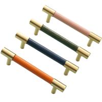 China 5 Inch Real Leather Handles Cabinet Brass T Bar Pulls Pink Single Hole Knobs for sale
