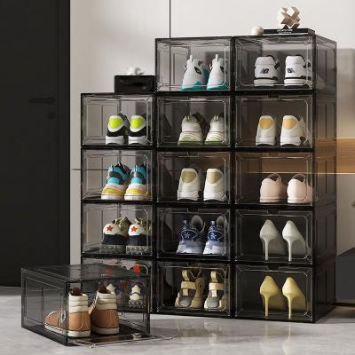 China Hot Selling Household Transparent Plastic Magnetic Stackable Shoe Storage Organizer Cabinet Dustproof Shoe Box for sale