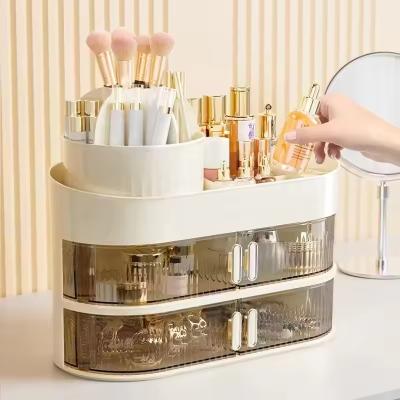 China Wholesale 3 Layers Rotating Dustproof Makeup Organizer Multifunctional Acrylic Desktop  Storage Box with  Brush Holder for sale