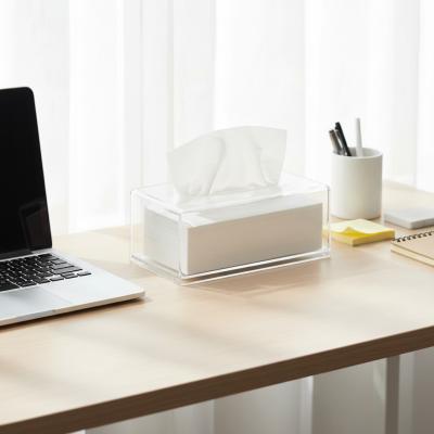 China Custom Logo Clear Acrylic Tissue Box with Metal Storage for Face Tissue Paper Napkins Desktop Toilet Paper Bathroom Accessory for sale