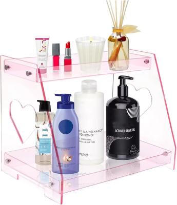 China Custom-made 2-Tier Pink Heart Acrylic Tray Vanity Perfume Skincare Organizer Countertop Display Shelf for sale
