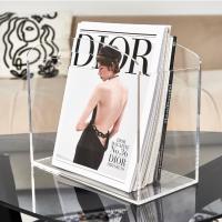 China Clear Acrylic Magazine Holder Newspaper Stand with Handles Modern Lucite Basket for Bathroom Bedroom Living Room Office Display for sale