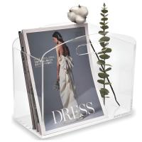 China Clear Acrylic Magazine Holder Newspaper Stand with Handles Modern Lucite Basket for Bathroom Bedroom Living Room Office Display for sale