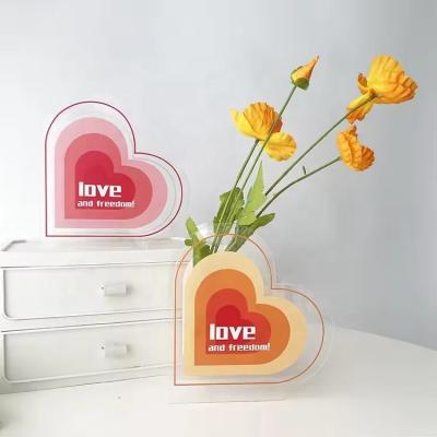 China Custom Red Acrylic Heart Vase Rectangle Design Modern Coffee Table Centerpiece Wedding Gift Injection Molded for sale