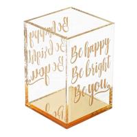 China Customized Plastic Transparent square Pen Holder with Gold Mirrored Base and Gold logo Suitable for Home Office Use for sale