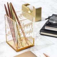 China Customized Plastic Transparent square Pen Holder with Gold Mirrored Base and Gold logo Suitable for Home Office Use for sale