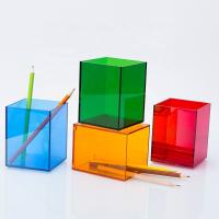 China Custom Transparent Colorful Minimalist Square Pen Holder Makeup Brush Box Desktop Storage Box for sale