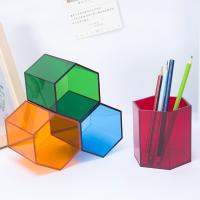 China Custom Transparent Colorful Minimalist Square Pen Holder Makeup Brush Box Desktop Storage Box for sale