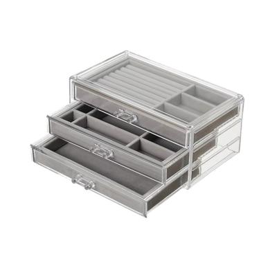 China Modern Acrylic Velvet Jewelry Organizer Rectangle 3-Drawer Stackable Display Storage Tray for Earrings Necklace for sale