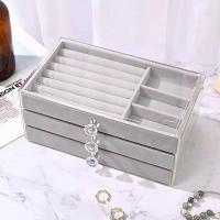 China Modern Acrylic Velvet Jewelry Organizer Rectangle 3-Drawer Stackable Display Storage Tray for Earrings Necklace for sale