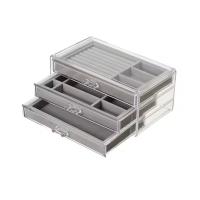 China Hot Selling Retro Fashion Artwork Gray Velvet Transparent Acrylic Drawer Accessories Earrings Rings Storage Box for sale