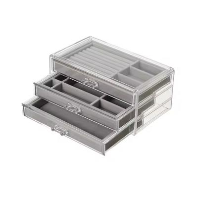 China Hot Selling Retro Fashion Artwork Gray Velvet Transparent Acrylic Drawer Accessories Earrings Rings Storage Box for sale
