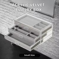 China Hot Selling Retro Fashion Artwork Gray Velvet Transparent Acrylic Drawer Accessories Earrings Rings Storage Box for sale