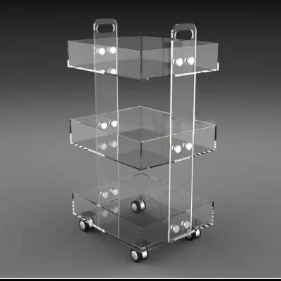 China New Design Factory Customized Assembly Rolling Clear Lucite Perspex Food Trolleys Acrylic Storage Carts with Wheels for sale