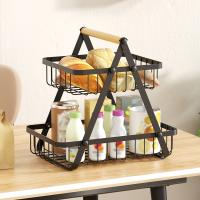 China 2-Tier Carbon Steel Fruit Storage Basket with Wooden Handles Home Decorative Kitchen Food Organization Wholesale for sale