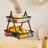 China 2-Tier Carbon Steel Fruit Storage Basket with Wooden Handles Home Decorative Kitchen Food Organization Wholesale for sale