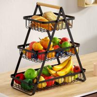 China 2-Tier Carbon Steel Fruit Storage Basket with Wooden Handles Home Decorative Kitchen Food Organization Wholesale for sale