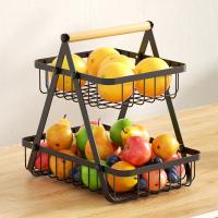 China 2-Tier Carbon Steel Fruit Storage Basket with Wooden Handles Home Decorative Kitchen Food Organization Wholesale for sale