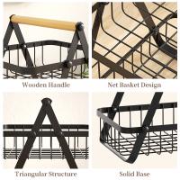 China 2-Tier Carbon Steel Fruit Storage Basket with Wooden Handles Home Decorative Kitchen Food Organization Wholesale for sale