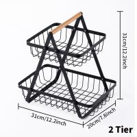 China 2-Tier Carbon Steel Fruit Storage Basket with Wooden Handles Home Decorative Kitchen Food Organization Wholesale for sale