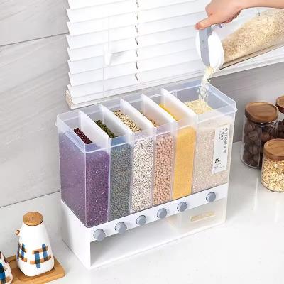 China Press-Type 6 Grid Cereal Dispenser Wall Mountable Countertop Grain Storage Box for Rice Dry Foods for sale