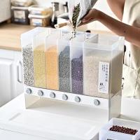 China Press-Type 6 Grid Cereal Dispenser Wall Mountable Countertop Grain Storage Box for Rice Dry Foods for sale