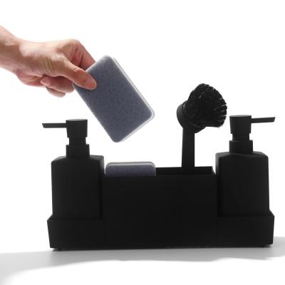China Kitchen Soap Dispenser Sponge Rack Dishwashing Brush Holder Hand Washing Liquid Dispenser Bottles Bathroom Tray Sets Available for sale