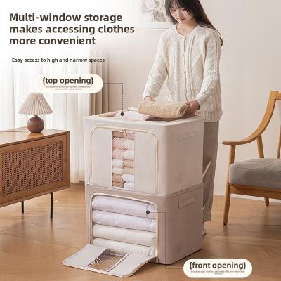 China Modern Cotton Linen Clothing Storage Box with Steel Frame Foldable Quilt Down Jacket Organizer Fabric Storage Box for sale