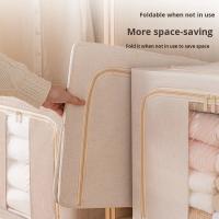 China Modern Cotton Linen Clothing Storage Box with Steel Frame Foldable Quilt Down Jacket Organizer Fabric Storage Box for sale
