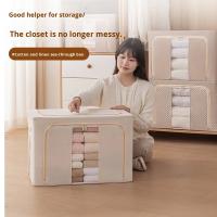 China Modern Cotton Linen Clothing Storage Box with Steel Frame Foldable Quilt Down Jacket Organizer Fabric Storage Box for sale