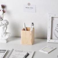 China Simple Desktop Storage Box Office Stationery Storage Box Ins Wind Wood Color Double Lattice Wooden Pen Holder for sale